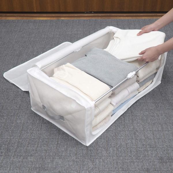 サイズ/約幅66×奥行39×高さ23cm重量/約452g内容量/1個材質/本体：ポリプロピレンフレーム：ポリプロピレン、アルミ合金生産国/ベトナム製組立状態/お客様組立品●フレーム付き衣類収納袋 『Lサイズ』です。●未使用時はコンパクトに折...