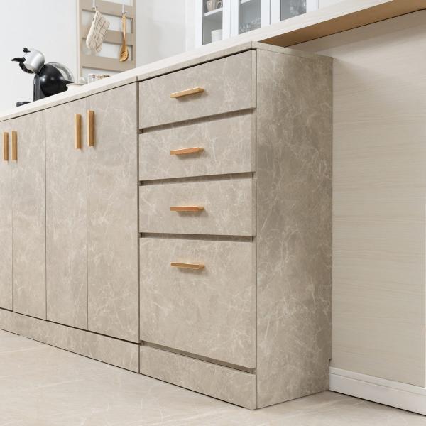 サイズ/約幅45×奥行30×高さ87.5cm重量/約19kg内容量/1台付属品：転倒防止金具材質/本体：強化プリント紙化粧繊維板生産国/中国製引き出し段数/4段天板耐荷重/10kg組立状態/お客様組立品●カウンター下収納に特化した薄型設計の...