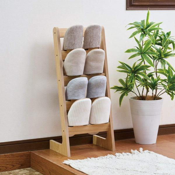 サイズ/約幅29×奥行23×高さ68cm重量/約1.95kg内容量/1台材質/ＭＤＦ（表面加工：メラミン）生産国/中国製組立状態/お客様組立品●温かみを感じられる木製のスリッパラックです。●大型スリッパも含め、4足収納が可能です。●出し入れ...
