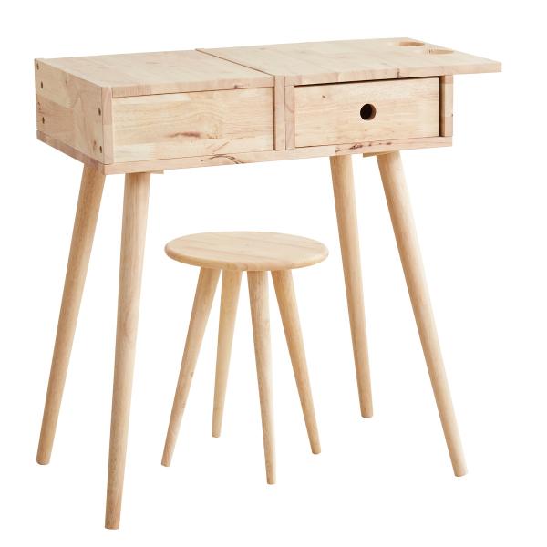 サイズ/約幅76×奥行43×高さ70.4cmホルダー：直径7cm内容量/デスク1台スツール1脚材質/ラバーウッド、ラッカー塗装生産国/マレーシア製組立状態/お客様組立品お届け梱包数/1個口●ラバーウッド無垢材の素材感を活かしたドレッサーデス...