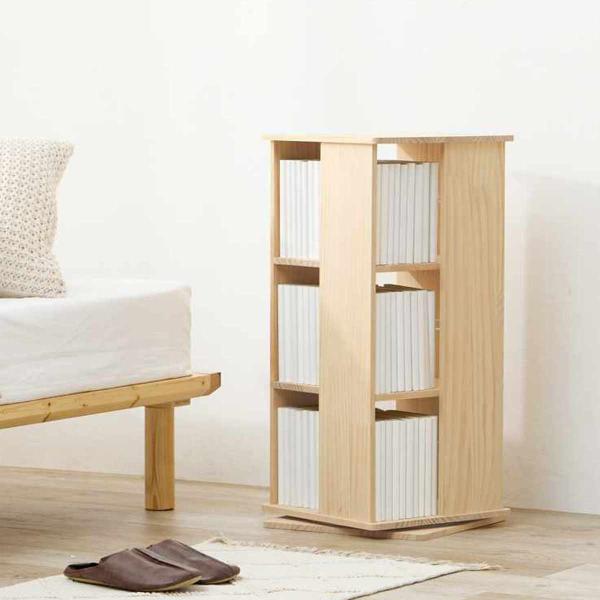 サイズ/約幅46.5×奥行34×高さ73cm内容量/1台付属品：転倒防止ひも材質/天然木カラー/ナチュラル生産国/中国製組立状態/完成品●360度回転する、機能的で便利なコミックラック3段です。●本棚が回転するので、読みたい本を楽しく探すこ...