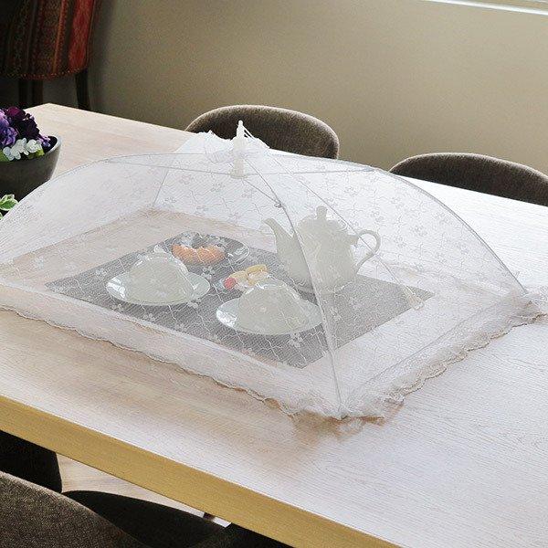 サイズ/約幅73×奥行58×高さ30cm折りたたみ時の長さ:約56(cm)重量/約102g内容量/1個材質/生地：ポリエステル樹脂部：ポリプロピレン骨：鉄（エポキシ樹脂塗装）●ホコリ・虫からお料理を守ることができる食卓カバーです。●メッシュ...