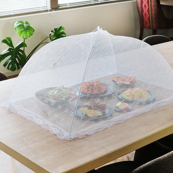 サイズ/約幅93×奥行64×高さ43cm折りたたみ時の長さ:約75.5cm重量/約143g内容量/1個材質/生地：ポリエステル樹脂部：ポリプロピレン骨：鉄（エポキシ樹脂塗装）●ホコリ・虫からお料理を守ることができる食卓カバーです。●メッシュ...