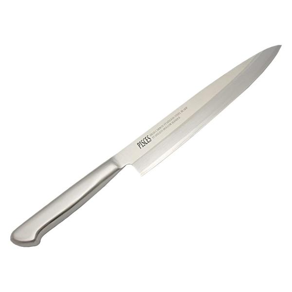 サイズ/刃渡り：約20cm内容量/1丁材質/刃：モリブデン含有ステンレス鋼柄：ステンレススチール生産国/日本製●刃渡り20cmの刺身包丁です。●継ぎ目の無い一体構造で汚れがたまりにくく衛生的です。●握りやすく、ほどよい重量感のある柄です。●...
