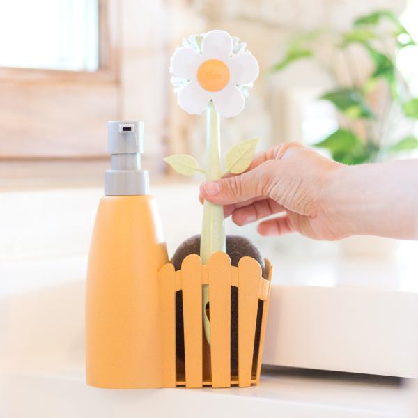 サイズ/約幅14×奥行7×高さ26cmスポンジラック部分：高さ 1.5cm内容量/1セット（ディッシュブラシ、スポンジ、ディスペンサー付きスポンジラック）材質/ディッシュブラシ、スポンジラック：ライスハスクレジン、ポリプロピレン、ポリオレフ...