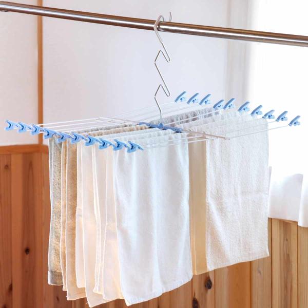 サイズ/約幅78×奥行41×高さ32cm重量/約755g内容量/1個材質/芯棒：スチールアーム：ポリエチレンコーティング鉄線クリップ：ポリプロピレンフックカバー：ポリエチレン生産国/中国製●タオルや下着、布オムツなどを干すのに便利な物干しハ...