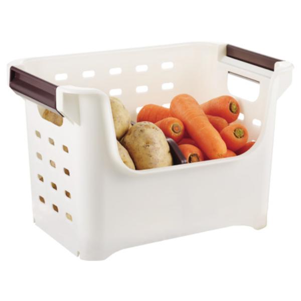 サイズ/約幅38×奥行25×高さ24.5cm重量/約640g内容量/1個材質/ポリプロピレン生産国/日本製耐熱温度/100度●根菜や果物などの常温保存に便利なストッカーです。●重ねて使えるから、場所を取らずにたくさん保存できます。●仕切り付...