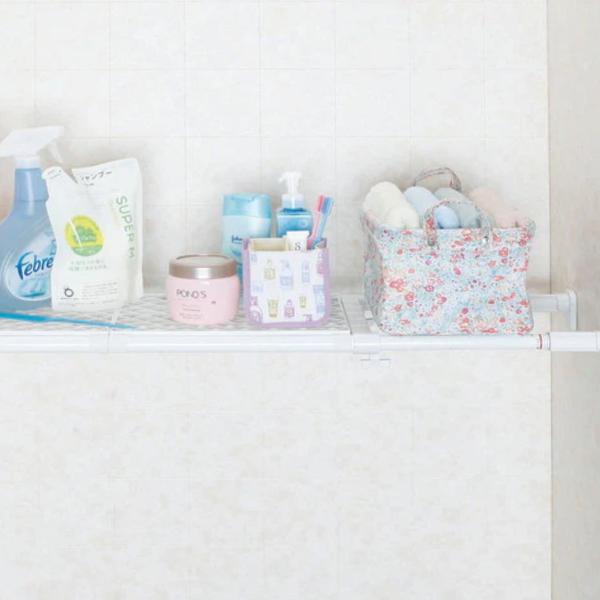 サイズ/約幅73〜112×奥行25.5×高さ5.5cm内容量/1個材質/パイプ・棚：鉄製、エポキシ樹脂粉体塗装樹脂部品：ABS樹脂、PP樹脂、合成ゴムネジ類：鉄製、メッキ仕上げ●メッシュタイプの突っ張り棚です。●家の中のデットスペースを利用...