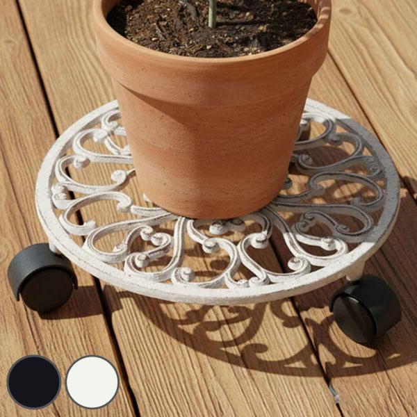 サイズ/約高さ7cm直径：約27.5cm天板の厚み：約0.6cm重量/約1.2kg内容量/1個材質/アイアン（粉体塗装仕上げ）種類/ブラック、ホワイト生産国/中国製キャスター/付き組立状態/完成品●透かし模様が美しいプランタースタンド 28...