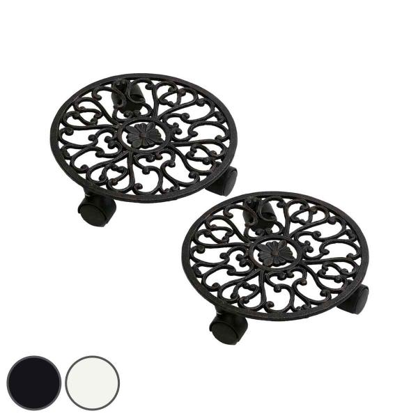 サイズ/約高さ7cm直径：約27.5cm天板の厚み：約0.6cm重量/約1.2kg内容量/同色2個組材質/アイアン（粉体塗装仕上げ）種類/ブラック、ホワイト生産国/中国製キャスター/付き組立状態/完成品●透かし模様が美しいプランタースタンド...