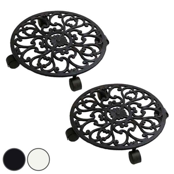 サイズ/約高さ7cm直径：約35cm天板の厚み：約0.6cm重量/約2.4kg内容量/同色2個組材質/アイアン（粉体塗装仕上げ）種類/ブラック、ホワイト生産国/中国製キャスター/付き組立状態/完成品●透かし模様が美しいプランタースタンド 3...