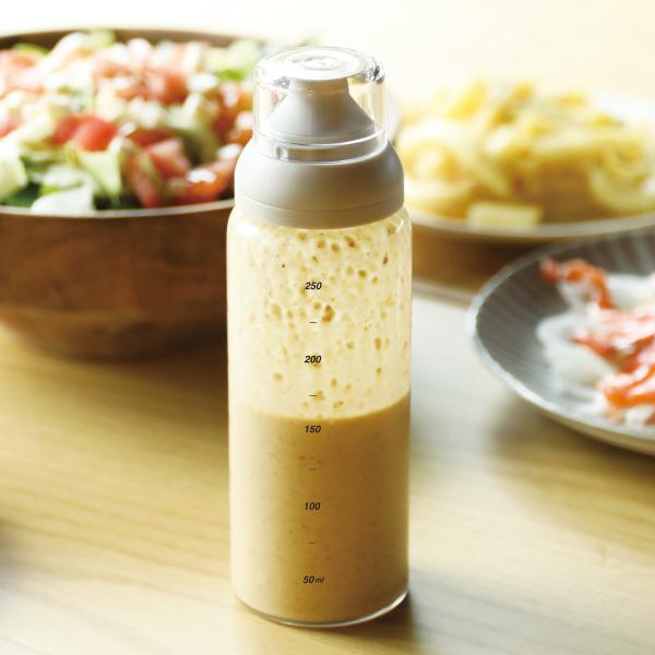 サイズ/約高さ18.6cm直径：約6cm重量/約200g容量/約250ml内容量/1個付属品：ドレッシングレシピ材質/本体：ほうけい酸ガラス本体フタ：ポリプロピレン注ぎ口フタ：ポリスチレン注ぎ口・パッキン：シリコーンゴム生産国/中国製パーツ...