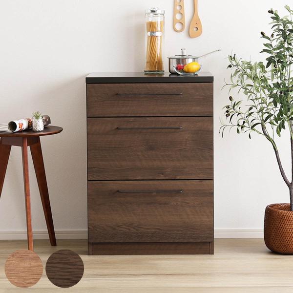 サイズ/約幅60×奥行44×高さ85cm重量/約30kg内容量/1台材質/天板：特殊鋼板本体：プリント紙化粧繊維板取っ手：スチール種類/ナチュラル、ウォールナット生産国/日本製引き出し段数/3段耐荷重/浅型引出し：5kg深型引出し：8kg組...