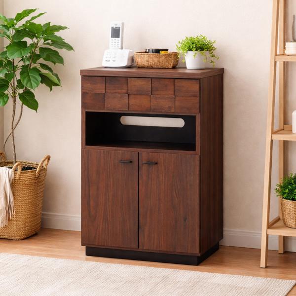 サイズ/約幅50×奥行44.5×高さ85cm重量/約17kg内容量/1台材質/本体：プリント紙天板：強化紙引出し前板：アルダー無垢材（オイル塗装）引き手：スチール生産国/日本製引き出し1段あたり耐荷重/3kg天板耐荷重/10kg棚板1枚あた...