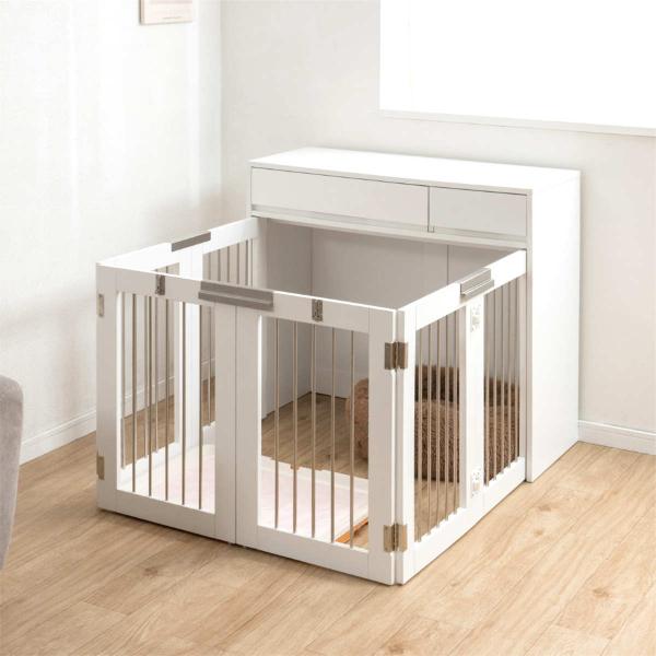 サイズ/約幅90×奥行40×高さ80cm重量/約32kg内容量/1台材質/本体：強化プリント紙化粧繊維板柵：ステンレスアジャスター/付き天板耐荷重/20kg組立状態/お客様組立品●住空間を考えて造られた機能的な収納型ペットケージです。●小型...