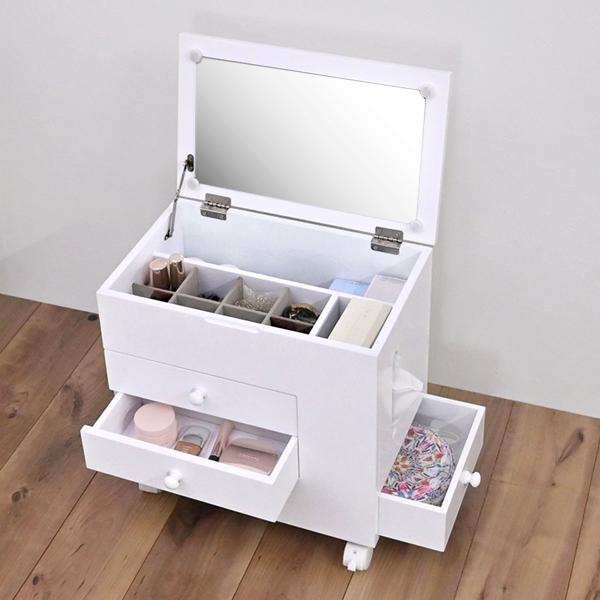 サイズ/約幅42.5×奥行27.5×高さ41.5cm重量/約9.2kg内容量/1台材質/本体：木質繊維板（ラッカー塗装）、鏡キャスター：樹脂生産国/中国製引き出し/3杯（正面×2・側面×1）キャスター/付き組立状態/お客様組立品●コンパクト...