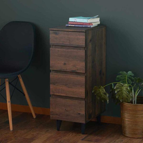 サイズ/約幅30×奥行40×高さ80cm重量/約17kg内容量/1台材質/本体：紙化プリント紙化粧繊維板脚部：天然木ラバーウッド生産国/中国製引き出し段数/4段天板耐荷重/10kg組立状態/お客様組立品●ヴィンテージ調のチェスト幅30cmで...