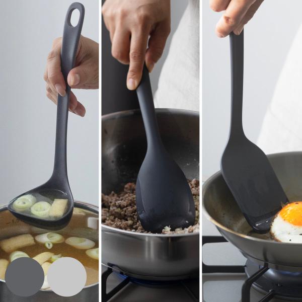 ●お玉、スプーンヘラ、ターナーの3点セットです。●フチが鍋のカーブにフィットして、軽い力で最後まですくえるお玉です。●ヘラはへらとスプーンが1つになった小回りのきく万能ツールです。●先端がしなって、どんな角度からでもスムーズに差し込めるター...