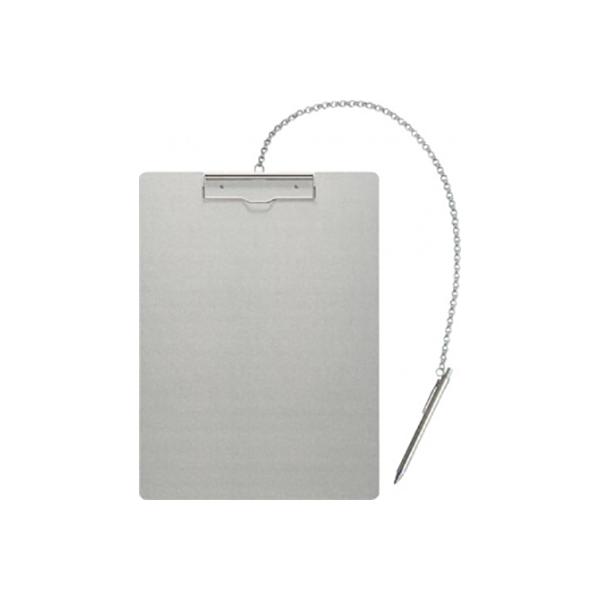 規格：B4判外寸：縦395×横290mm厚：14.4mmボード厚：1mm綴じ枚数：50枚材質：板面＝アルミ、チェーン／ペン＝ステンレスチェーン、ペン（0.7mm油性ボールペン）付