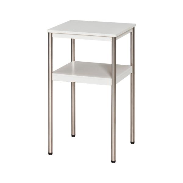 外寸：幅400×奥400×高700mm重量：4.3kg耐荷重：10kg材質：天板／棚＝ポリ化粧合板、脚＝ステンレスクラッドパイプ