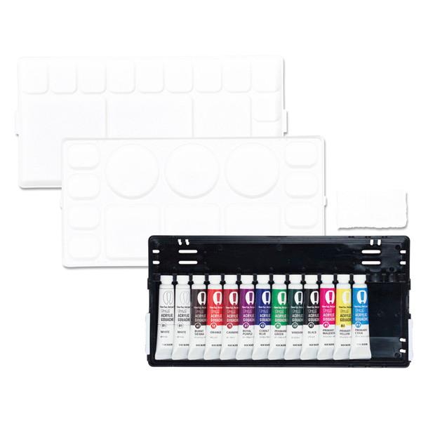 三原色が入った絵具セット！デッサンスケール付き！25cm定規（別売）が収納できるケースに三原色を含む12色を収録しています。パレット2枚とミニタオル、デッサンスケール付きです。商品サイズ：142×291×37mm（収納時）セット内容：12色...