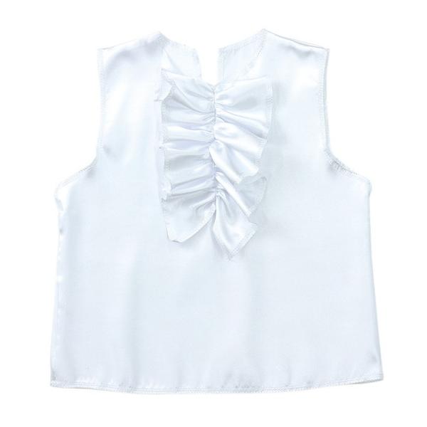 ひらひらしたフリルがついたサテンのシャツ！前フリルがついたソフトサテンシャツ商品サイズ（単位mm)：着丈：400mm、身幅：380mmセット内容：本体×11個重量（ｇ）：36材質：ポリエステル1個包装形態：袋入り包装サイズ（横×高さ×奥行）...