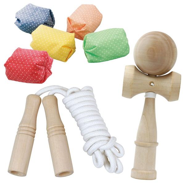 昔遊びができる3点セットけん玉、なわとび、お手玉の3点セット商品サイズ（単位mm)：けん玉：68×175mm（玉：φ54mm、ひもの長さ：40cm）なわとび：全長：約2.2ｍ　柄：φ22×96mmお手玉：35×35×50mmセット内容：　木...