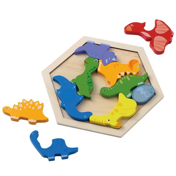 大きなピースのかんたん木製パズル！10種類の恐竜をモチーフにした、あたたかみのあるカラフルな木製パズルです。お子さまが安心して遊べるように、ピースの角を丸く仕上げています。自然素材の優しい質感と安全設計で、親子で一緒に楽しく遊べる知育アイテ...
