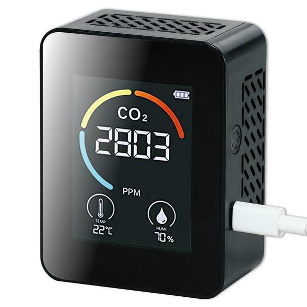 二酸化炭素の濃度に応じて画面が4段階に変化約1秒毎にリアルタイム更新CO2、温度、湿度※コンセントに差し込んで使用する場合、別途USB用アダプターが必要です。二酸化炭素測定範囲：400〜5000PPM 温度測定範囲：約0〜50℃ 湿度測定範...