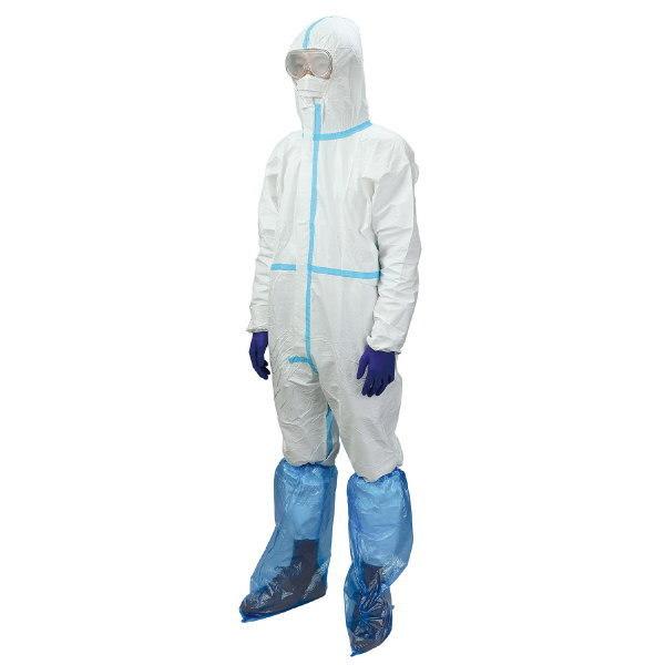 手軽に全身防護サイズ：防護服：総丈約1900×胸囲約1400×袖丈約950mm、上着の裾囲約160mm、ズボンの裾囲約220mm、ビニール製靴カバーロング：約340×600mm、ゴム部分90mm、不織布マスク：約175×95mm、ニトリル手...