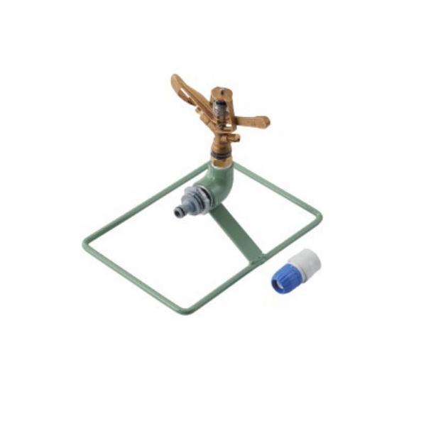 蛇口●散水範囲360°取付には一般蛇口用ホースを使用します。サイズ／幅21×奥行29×高さ24cm材質／黄銅、スチール、樹脂放水角度／360°放水距離／直径16〜28m程度双孔式フルサークル型飛半径目安飛ノズル口径：4.3×2.0水圧：0....