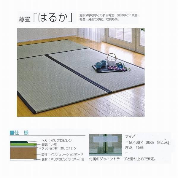 施設や学校などの多目的室、集会などに最適。軽量、薄型で移動、収納も楽。※付属品：滑り止め、ジョイントテープ畳の大きさ:半帖畳表:い草表厚み:16mmサイズ:88×88cm重さ:約2.5kg