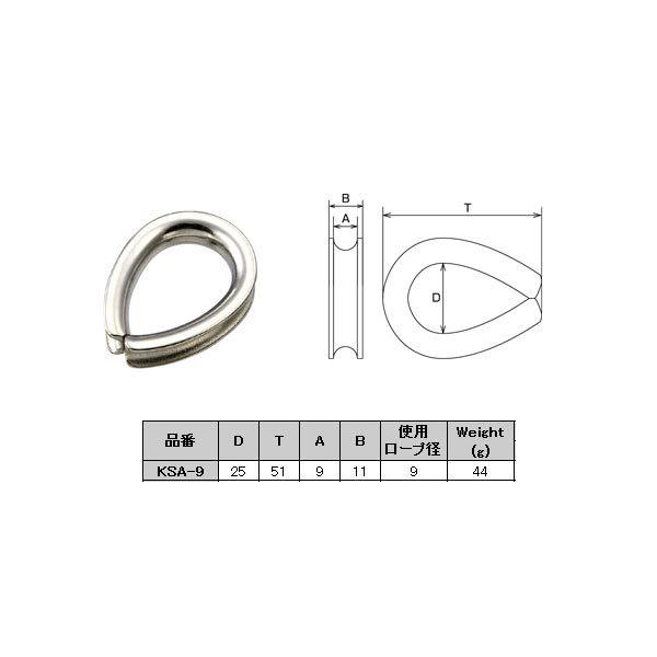シンブルは、フック、リング、シャックル、その他金具類を接続する場合、摩擦からロープを保護します。材質：ステンレスSUS304