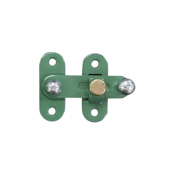 扉などの止め金具に最適！ねじ締付によりしっかり留めることができます。地震など揺れによる食器棚の扉の開放防止に。犬小屋のカギ、トイレなどの内カギに。材質：鉄。仕上げ：グリーン塗装。取付用木ねじ付属。
