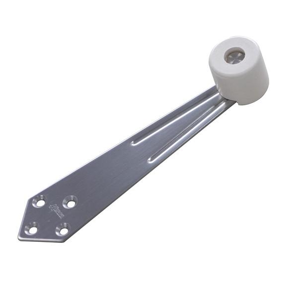 床や巾木に戸当りが取付けられない場合などに使用します床や巾木に戸当りが取付けられない場合などに使用します。 取付位置により、ドアのストップ角度を調整できます。左右兼用タイプ。白ゴム仕様。材質：ステンレスSUS430(ヘアライン仕上)+ゴム。...