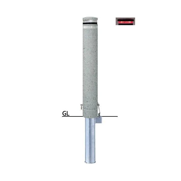 施工タイプ：差込式カギ付 材質：リサイクルゴム(芯材:鋼管＋コイルバネ)仕様：点滅式(レッド)、南京錠25mm付、反射テープ付サイズ：φ130 H808重量：約19.0kg 仕上げ、カラー：アクリル塗装、(ST1R):白御影調 発光色レッド