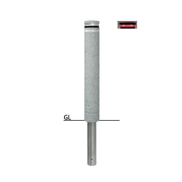 施工タイプ：固定式材質：リサイクルゴム(芯材:鋼管＋コイルバネ)仕様：点滅式(レッド)、反射テープ付サイズ：φ130 H808重量：約15.0kg仕上げ、カラー：アクリル塗装、(ST1R):白御影調 発光色レッド