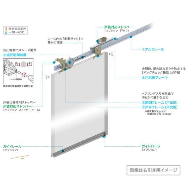 特長　戸袋仕様でも制動ラック、戸尻側ブレーキ、ストッパー（オプション：HCS-TSTKR/L）を開口部で脱着でき、メンテナンスが容易です。　（PAT.）エンドレスタイプの油圧制御装置と傾斜レールに組み込んだラックの採用で取扱いが簡単です。　...