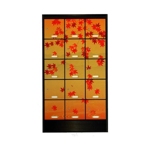 8寸の骨壺(箱)まで収納可能。簡易納骨壇としてもスッキリ収納。扉に上品な絵柄を施しました。お手入れが簡単です。（色調：ウルシ調／扉：蒔絵調）扉模様：蓮の花びらに蓮水総寸法(15家分)：1,110W×420D×2,000H一家分の内寸法：28...
