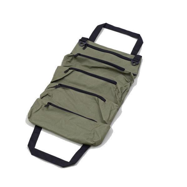 吊るして使える5ポケットツールバッグロール状に丸めて持ち運びも簡単材質：600Dオックスフォード生地/ポリエステル/PVCサイズ：約巾29×高46cm(持ち手含まず)質量：約246g