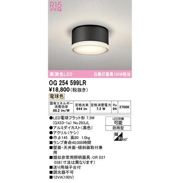 OG254599LR オーデリック LEDポーチライト 100W相当 防雨型 黒色 電球色 φ145 シーリングライト ブラケット ランプ付き