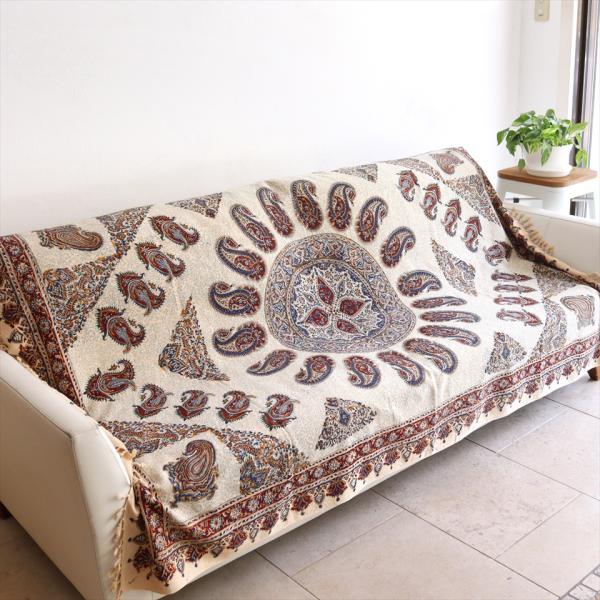 商品番号：　sa200-453 サイズ　：　約195×130cm（房を除く）  素　材　：　綿100%  制　作　：　イスファハン・イラン   <Key：コットン 染色 ブロックプリント 木版 捺染 伝統工芸 ペルシャブルー ペイズリ...