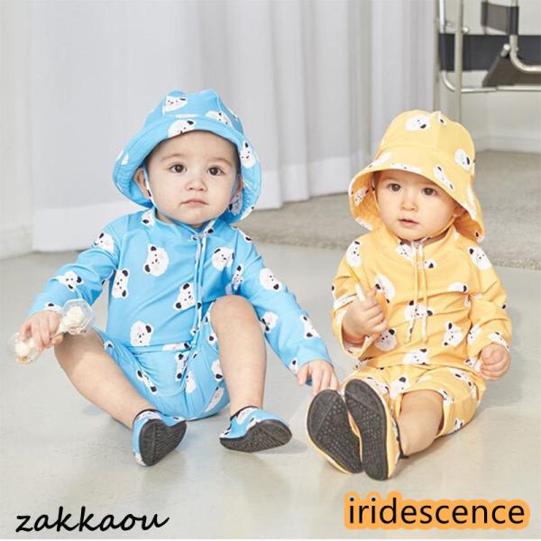 キッズ　長袖ラッシュガードかわいい　ベビー水着お子様を日焼けから守るカワイイパーカーです?こちらは、全身を守ってくれるつなぎタイプの水着となっています。プールや海で目立ちそうなカラーで、とってもおしゃれ。小さなお子さんの肌への負担が心配なお...