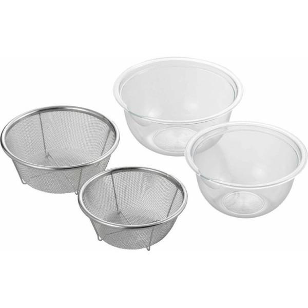 軽くて丈夫な電子レンジ対応のボウルと、丈夫でさびにくいステンレスザルの4pcsセット。ボウルは透明なので、調理具合いや保存時の中身が分かりやすい。ザルとセットすれば下ごしらえに便利です。●商品サイズ（cm）幅約ザル小：13、ザル大：15、ボ...