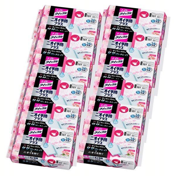 拭いた後に尿がハネても1日防臭し続けるお掃除シート「トイレクイックル ニオイ予防プラス ローズ」の詰め替え用です。●商品サイズ（cm）：幅約18×奥行約13×高さ約4.7●内容量：16枚（8枚入×2個）×12個セット●品名：トイレ用掃除シー...