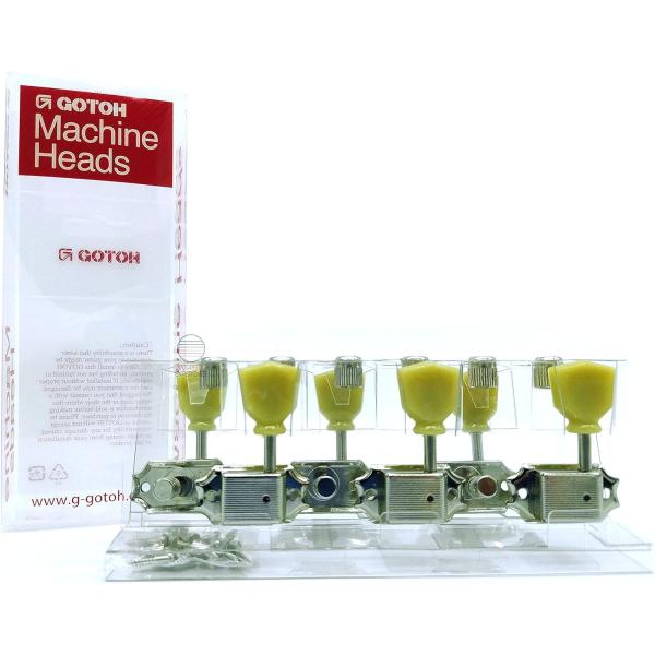 レスポール用の定番 クルーソンタイプマシンヘッドニッケルフィニッシュ配列:両連3対3レスポールタイプの定番ギターペグ、クルーソンタイプです。両側3:3カラー ニッケルボタンオプション SLギア比 1:15