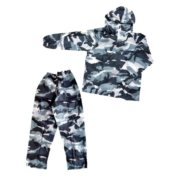 【カラー】カモフラグレーホワイト【素材】ポリエステル100％(撥水加工)【サイズ】LLサイズ：適応身長170〜175cm/対応胸囲96〜104cm/対応胴囲86〜96cmカモフラセットアップジャケット/ジャケット＆パンツ裾ゴム無し/アウトド...