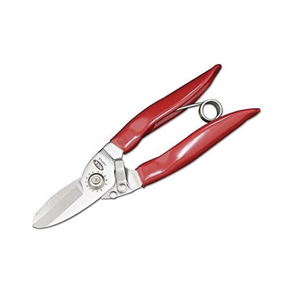 特長1:昔ながらの万能鋏の復刻版。特長2:ステンレス鋼でサビに強く、シャープに切断。用途:皮・ゴム・ナイロンテープ・ブリキ・魚類・海藻・魚つりなどに。刃部：カーボンステンレス鋼グリップ：カーボンステンレス鋼柄：ビニールコーティング(赤)