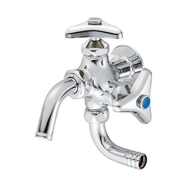 特長上部のハンドルで吐水口部、横のハンドルでホース接続部に吐水します。2方向同時に通水できる水栓です。商品スペック仕様・規格二口タイプ呼び径(mm)：13(PJ1/2)奥行(mm)：120高さ(mm)：58材質青銅質量・質量単位680ｇ使用条件-