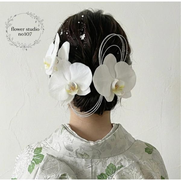 ご覧頂き有り難うございますこちらのセット内容は、胡蝶蘭(アーティフィシャルフラワー) ×３水引き　×３銀箔シート　×１計7点セットとなります。成人式や卒業式には勿論、ウェディングの際にもご使用頂けます。髪飾りは1つずつＩピン仕様になります。...